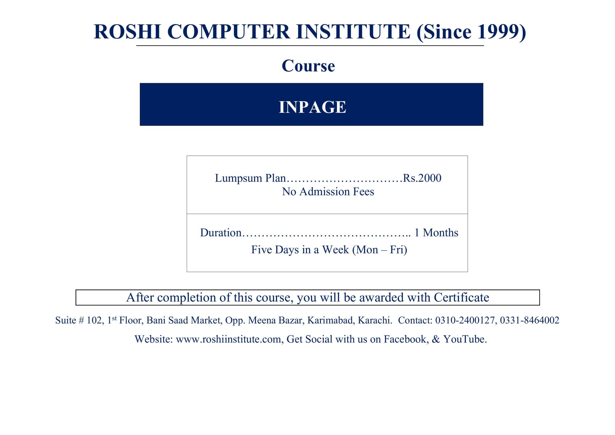 Inpage Fees - ROSHI Computer English Language Learning Institute